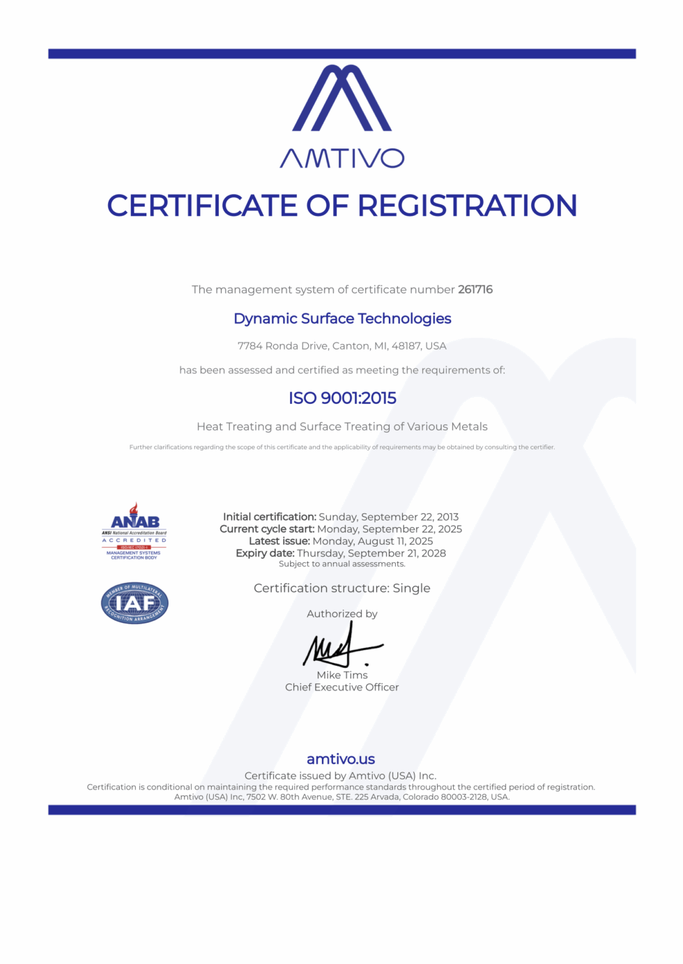 ISO 9001:2015 Certification | Dynamic Surface Technologies